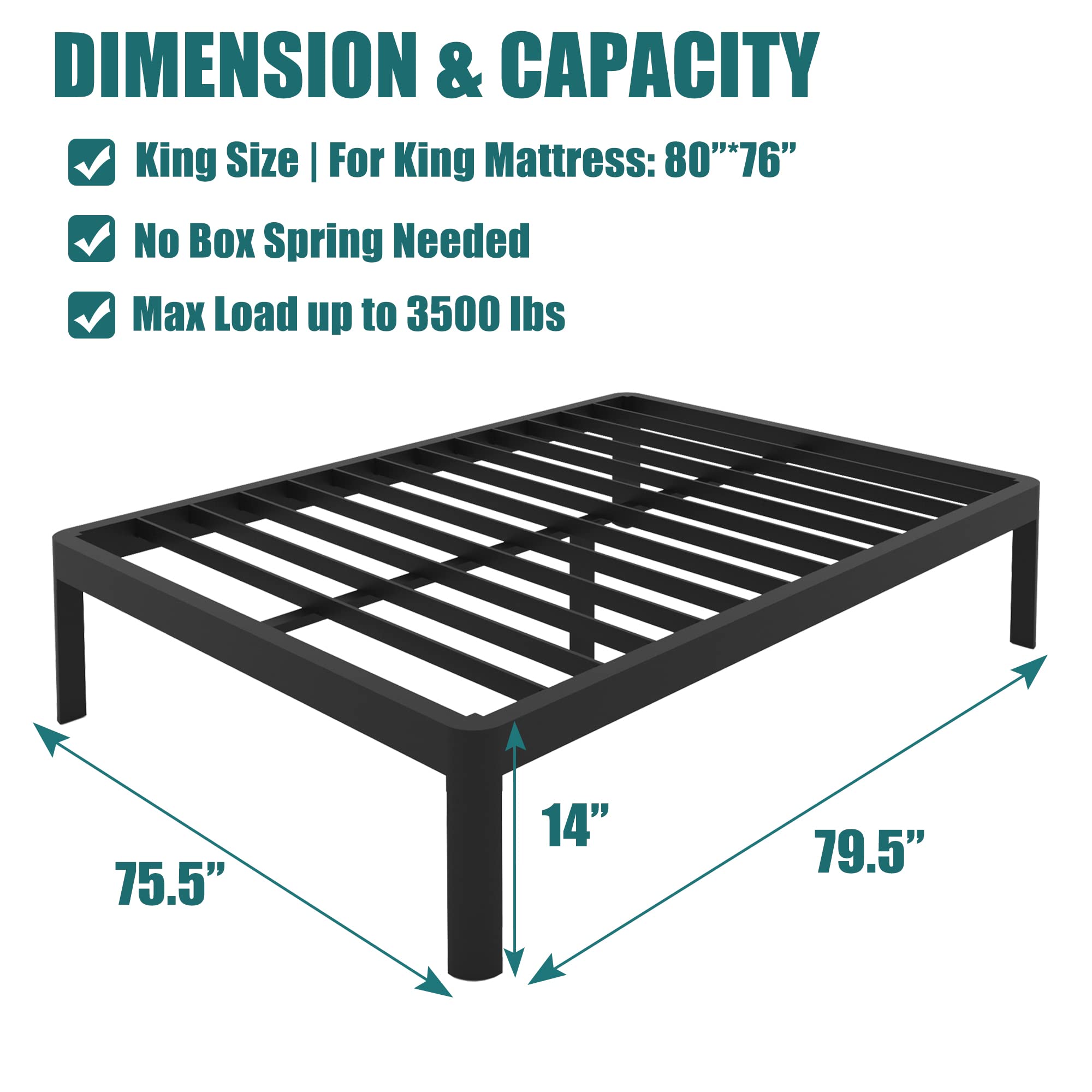 Yitong Angel King Bed Frame with Round Corner Edge Legs, 14 Inch High ...