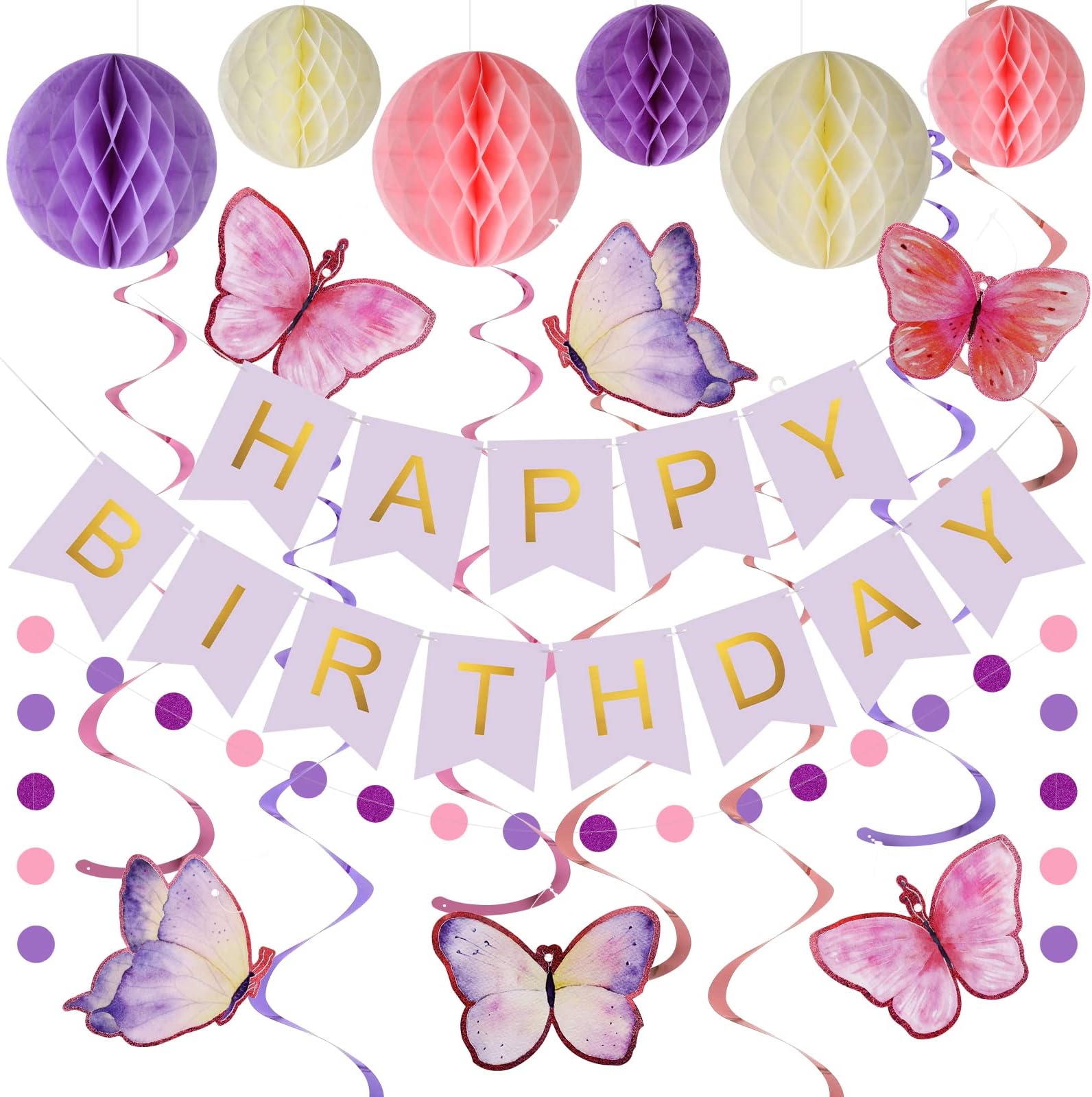 Amazon.com: Purple Butterfly Theme Birthday Decorations Set - Happy ...