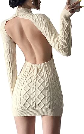 xxxiticat Women's High Neck Sweater Dress Long Sleeve Backless Cut Out See Through Cable Knitted ...