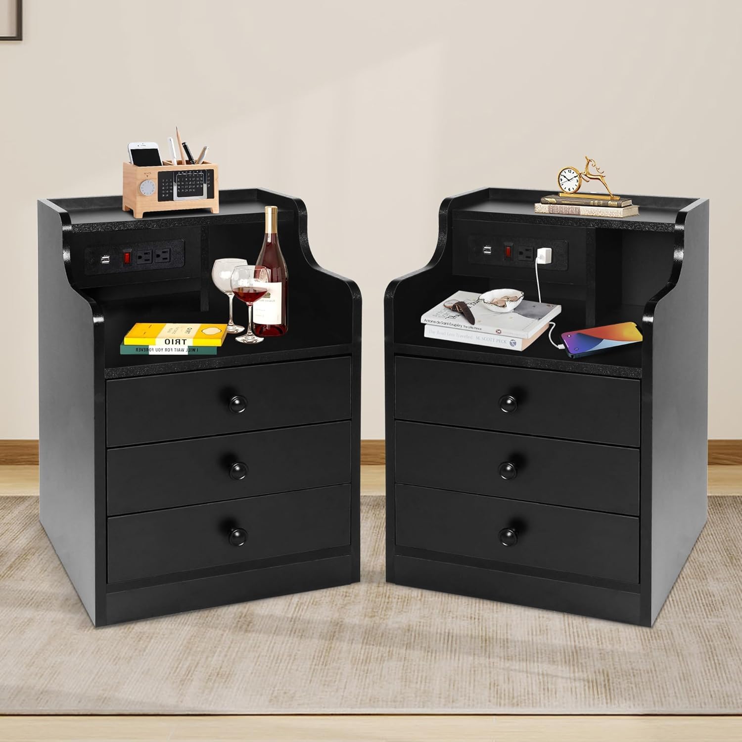 Amazon.com: LUCKYERMORE Black Nightstand Set 2, Modern Night Stand with ...
