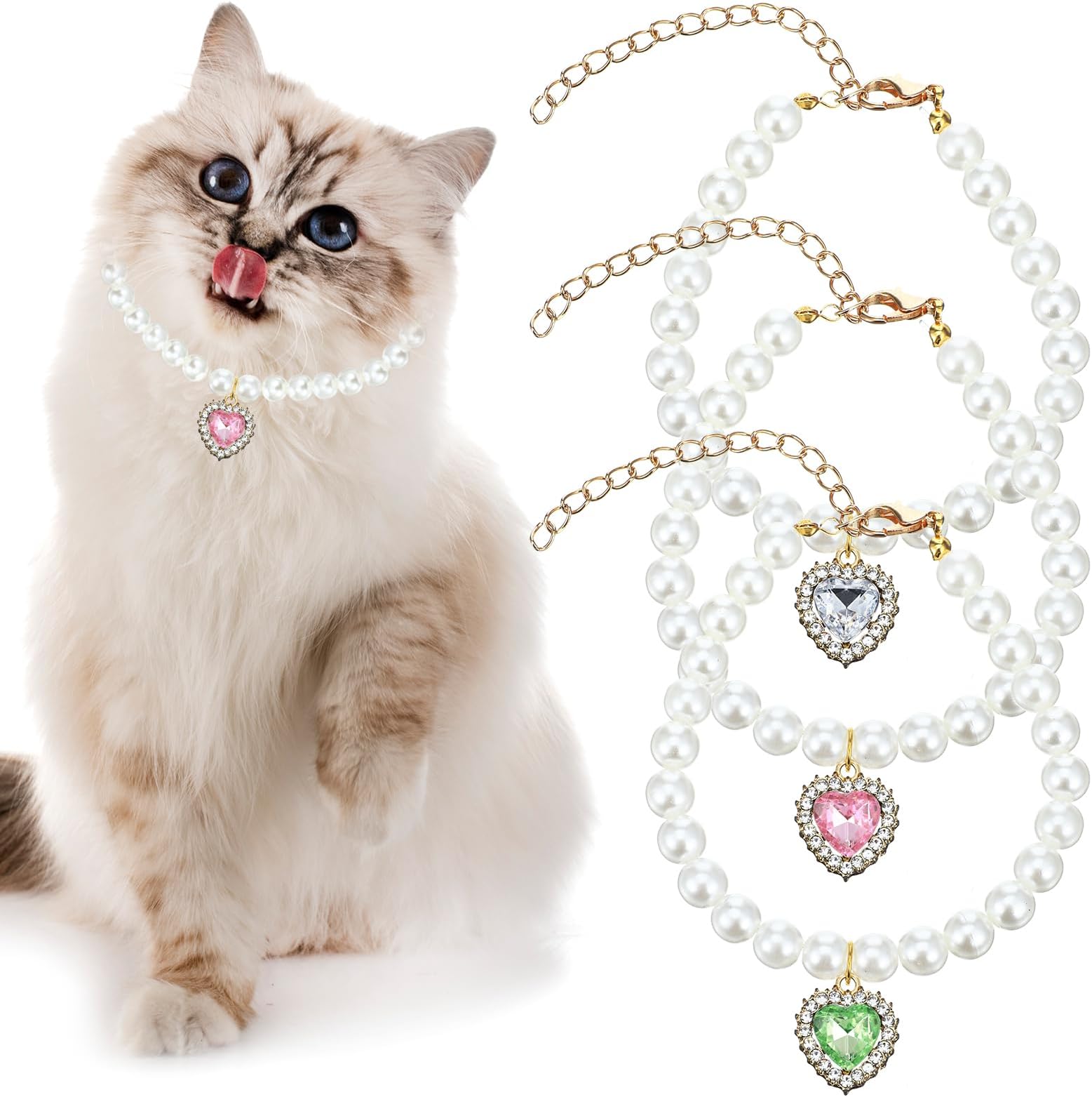 3 Pcs Pearl Cat Collar Adjustable Dog Pearl Necklace Collar Heart ...