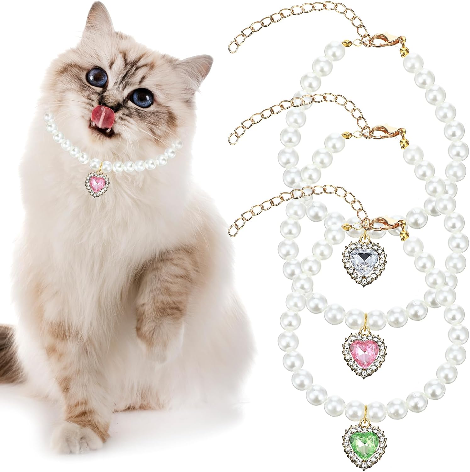 3 Pcs Pearl Cat Collar Adjustable Dog Pearl Necklace Collar Heart ...