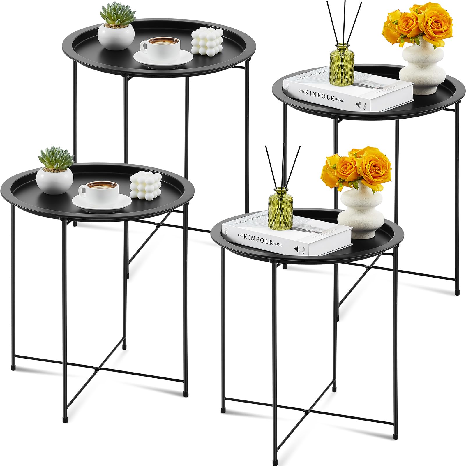 Amazon.com: Kigley Set of 4 Metal Side Table Folding Tray Round ...
