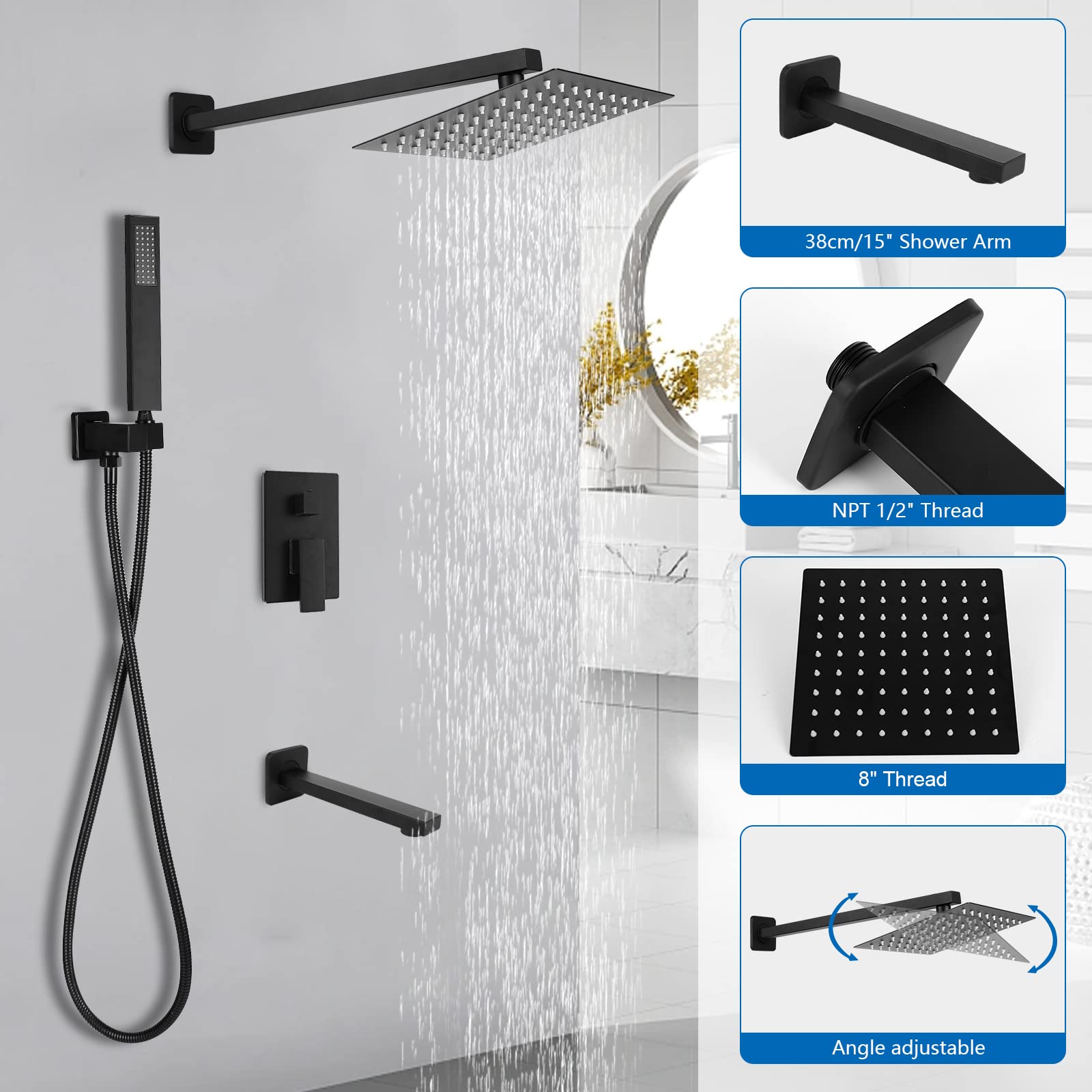 Shower Mixer Tap Set, Bath Tap with Shower Rainfall Bath Shower Filler ...