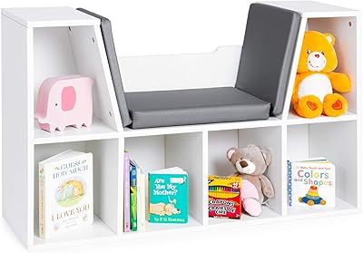 HOMCOM 5-Cubby Kids Bookcase with Cushioned Reading Nook and Storage ...