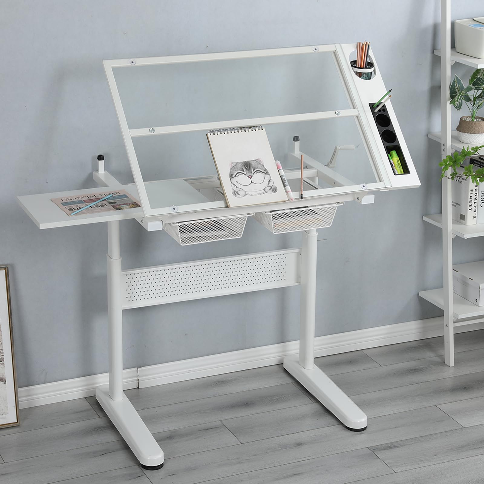 Glass Top Art Desk Hand-Crank Adjustable Drafting Table With Tilting ...