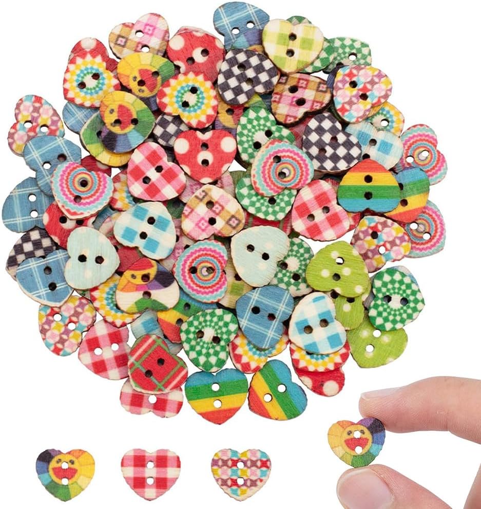 Amazon.com: Heart Shaped Buttons - 100 Pcs 1618mm Wooden Colorful 2 ...