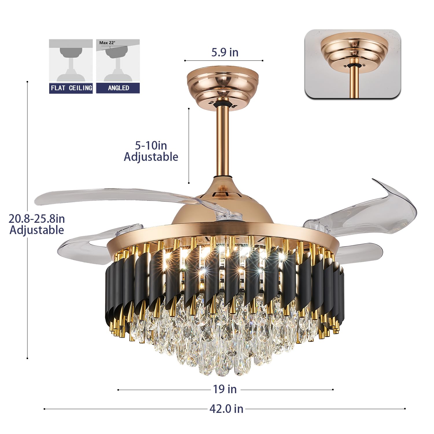 Snapklik.com : 42" Dimmable Gold Fandelier Crystal LED Ceiling Fans