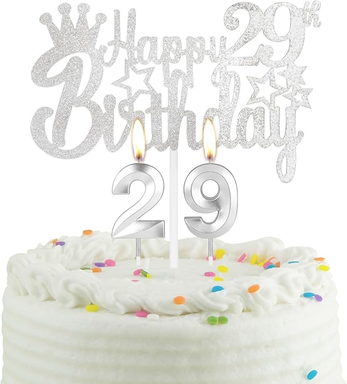 29th Silver Birthday Cake Candle, Party Candle with Cake Topper, Silver ...