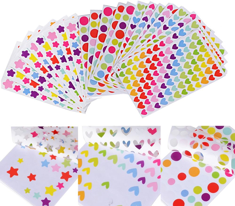 54 Blätter Aufkleber (ca. 3600 STK/Herzchen + Rund + Sterne) bunt ...