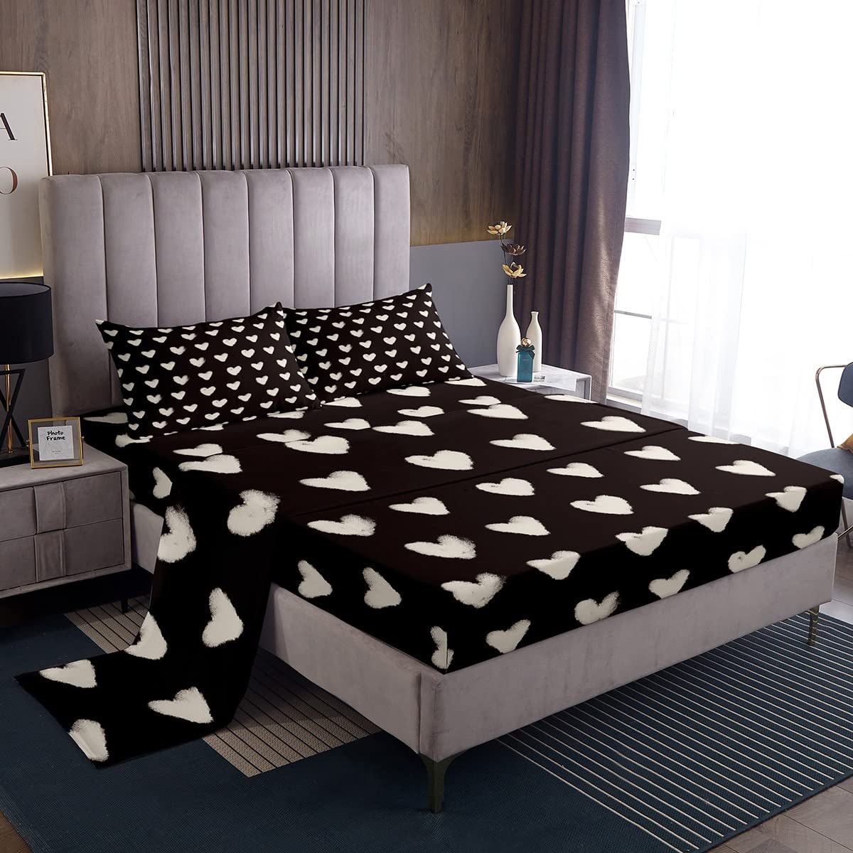 Amazon.com: Love Bed Sheets Twin Size Black and White Heart Pattern ...