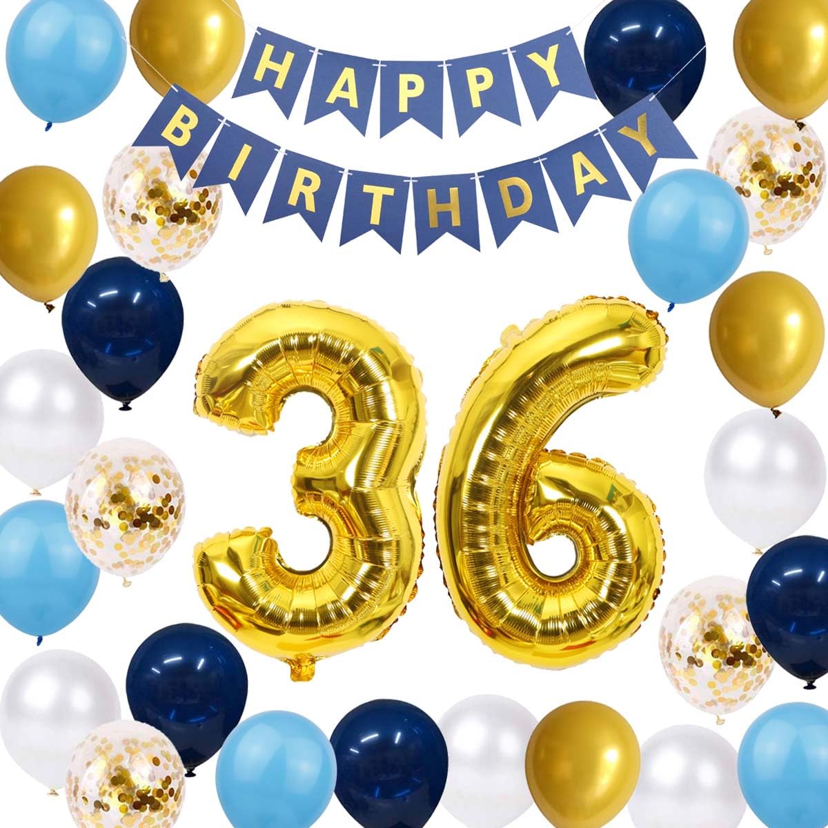 Amazon.com: 36th Birthday Decorations Blue Gold for Men, Happy 36th ...