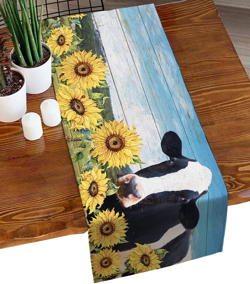 Amazon.com: Table Runner,Summer Sunflower Farm Cow Cotton Linen ...