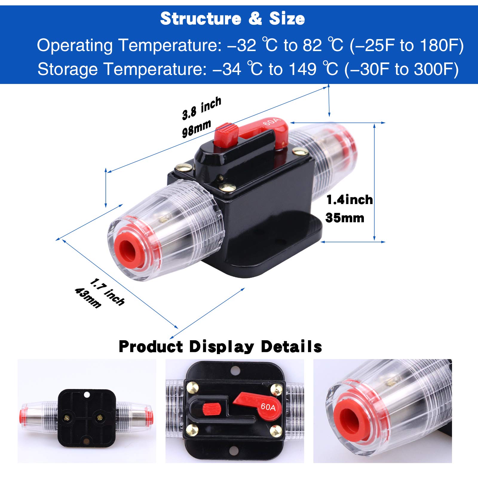 Snapklik.com : 60 Amps Audio Inline Circuit Breaker Reset Fuse, 12V-24V ...