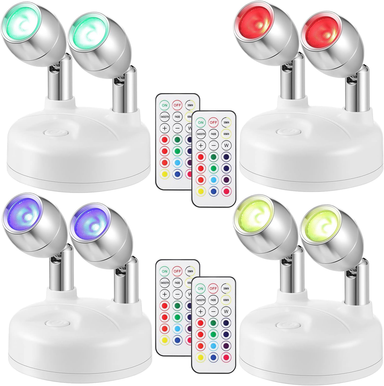 Honoson 4 Pack Dual Head Battery Operated Spotlights Indoor Wireless ...