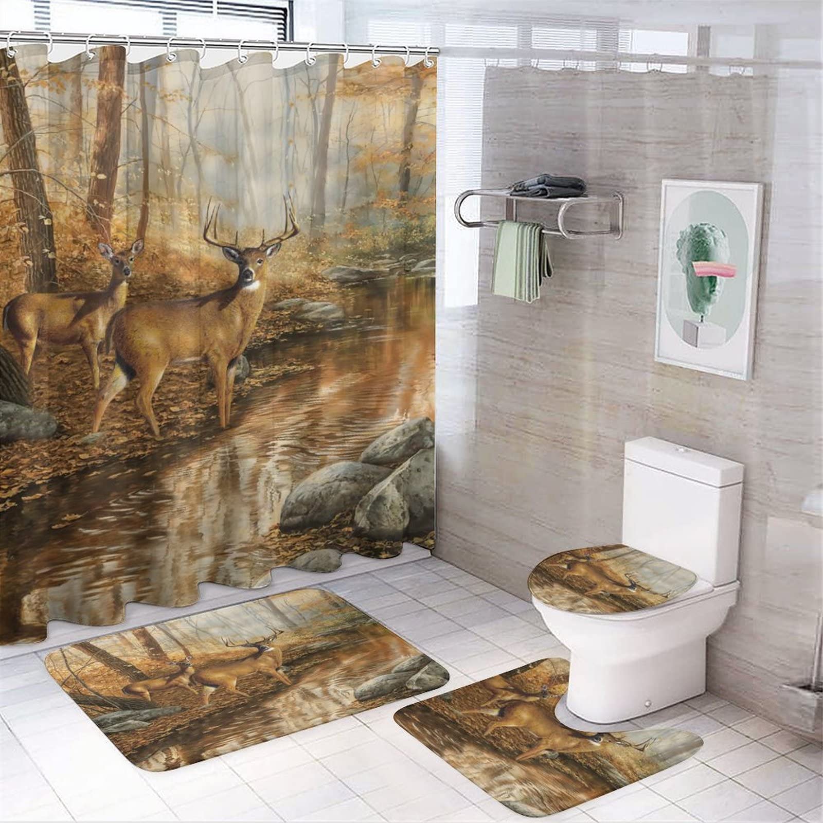 Amazon.com: Kazynee Rustic Cabin Wildlife Deer 4 Piece Shower Curtain ...