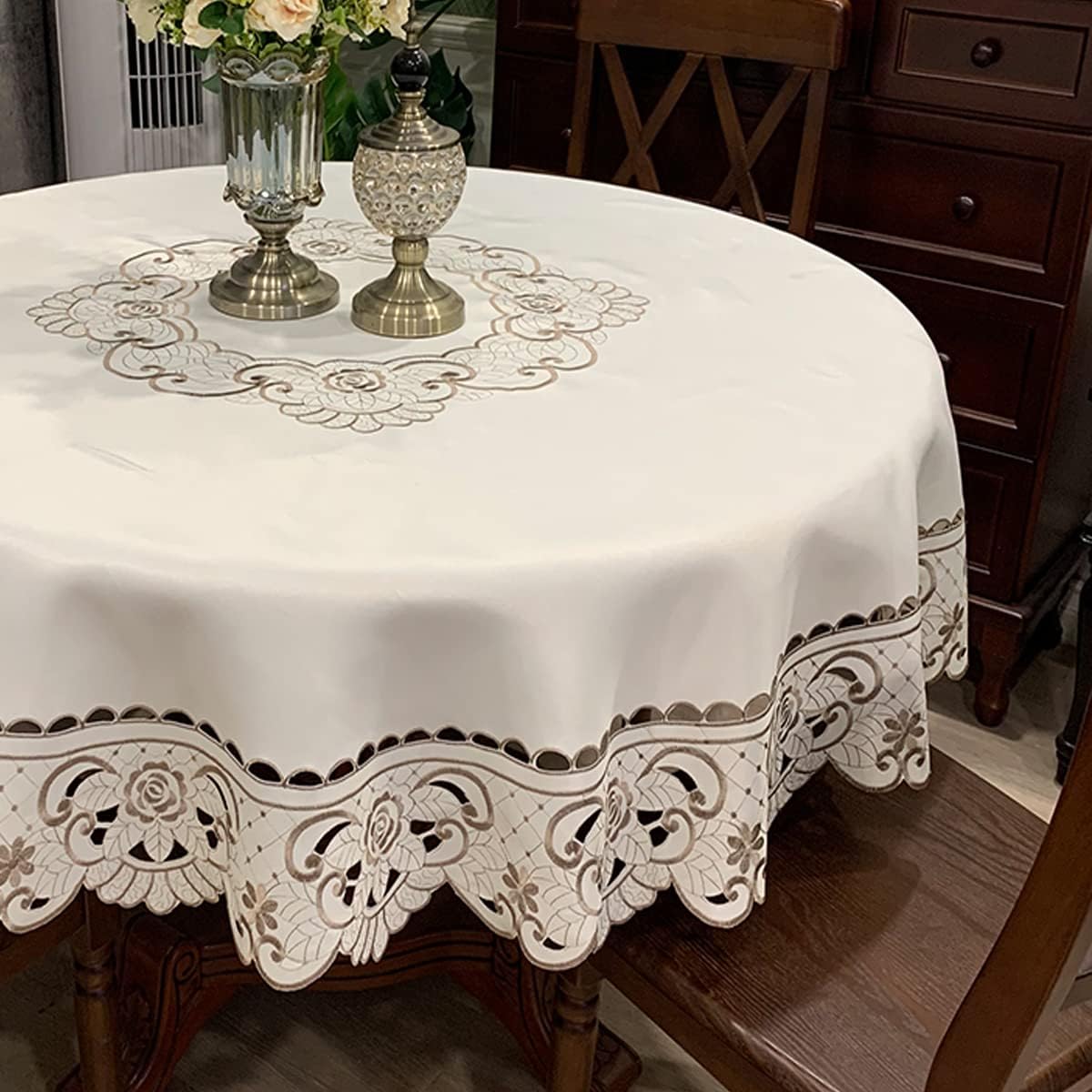 Amazon.com: Sandweek Round Table Cloth Flower Embroidered Lace ...