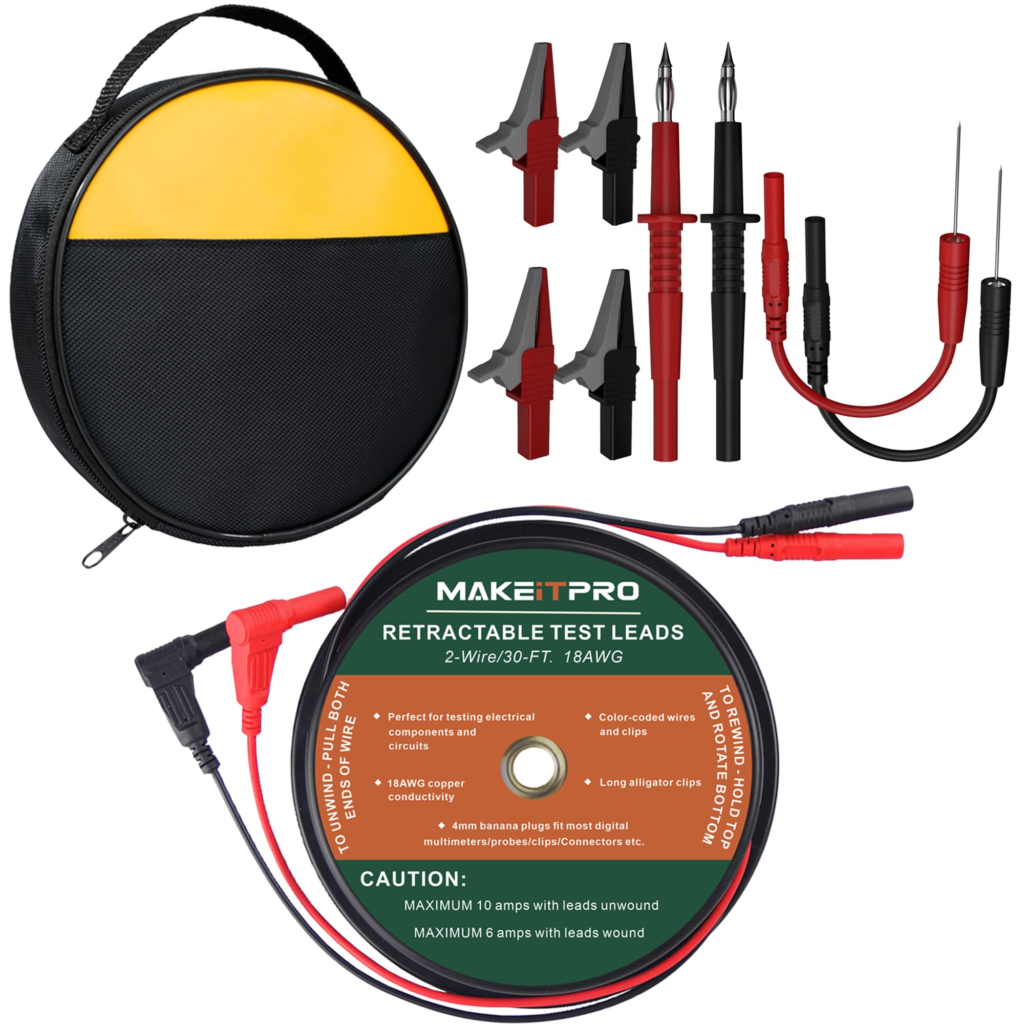Buy 2 Wires 30FT 18AWG Retractable Test Leads with Cable Bag and Dual ...