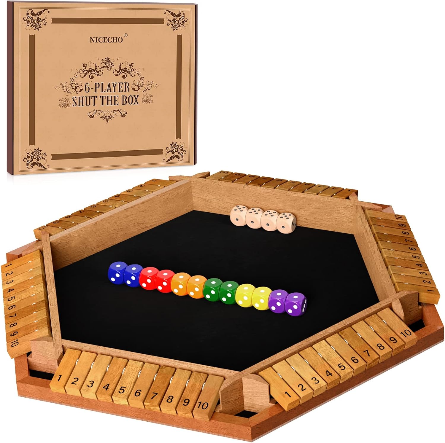 Amazon.com: Nicecho 2-6 Players Shut The Box Dice Game, Wooden Board ...