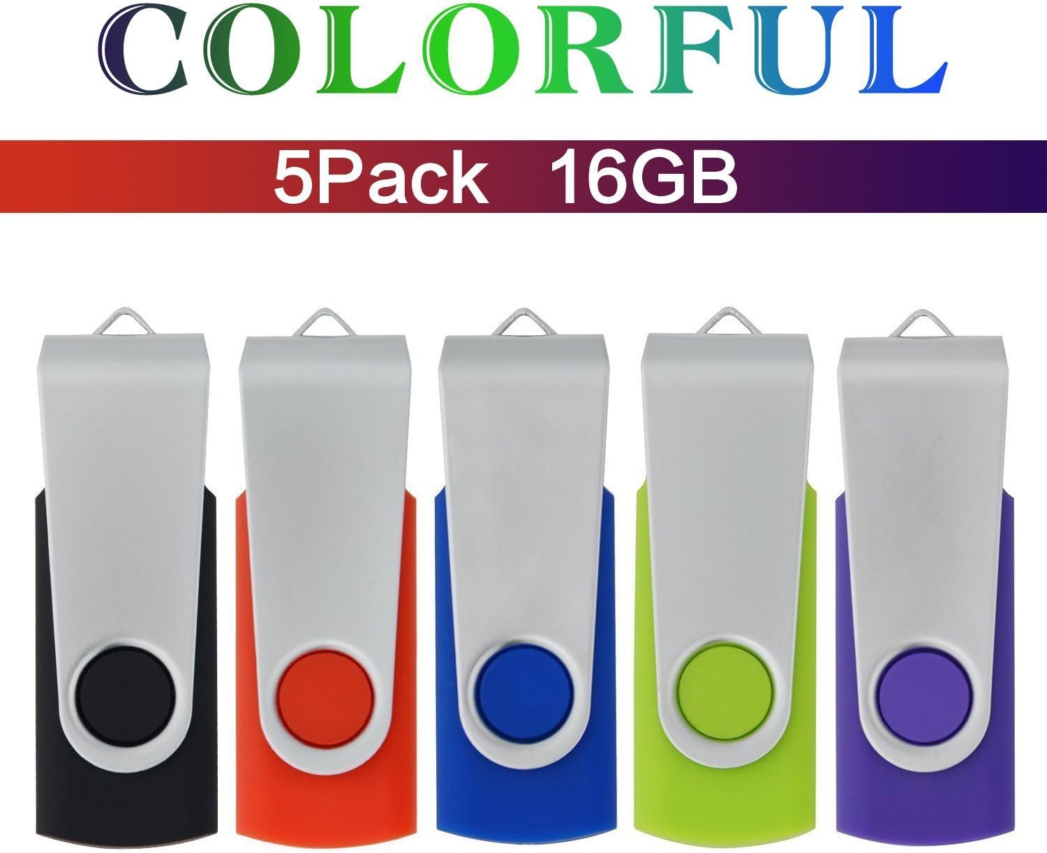 16GB Memory Stick, 5 Pack USB 2.0 USB Flash Drive Swivel Design Thumb ...