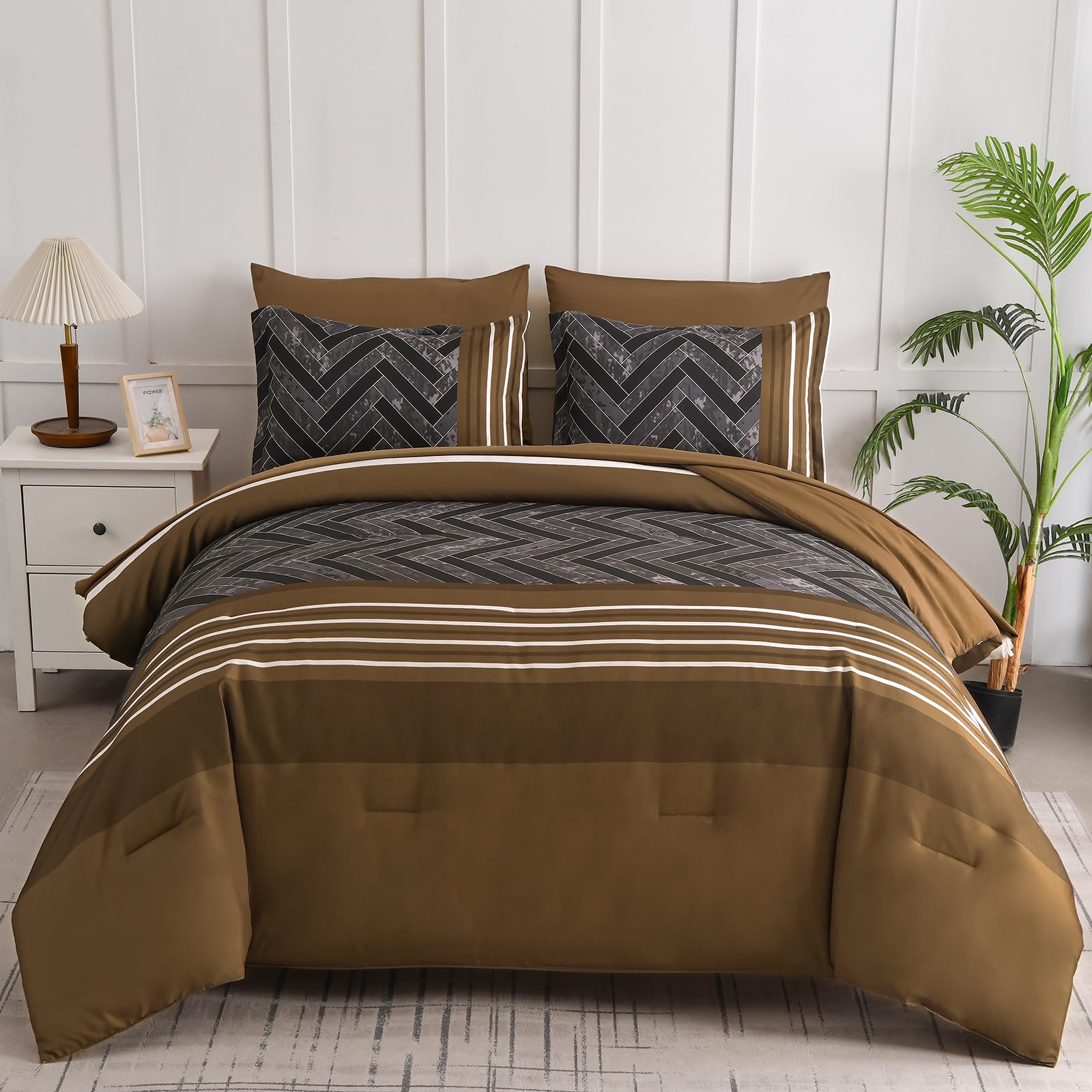 Luxudecor Brown Comforter Set Queen Size, 7 Pieces Stripe Geometric Bed ...