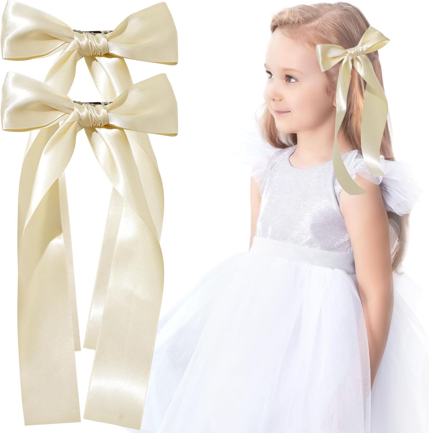 Amazon.com : 2PCS Silky Satin Hair Bows White Long Ribbon Clips for ...