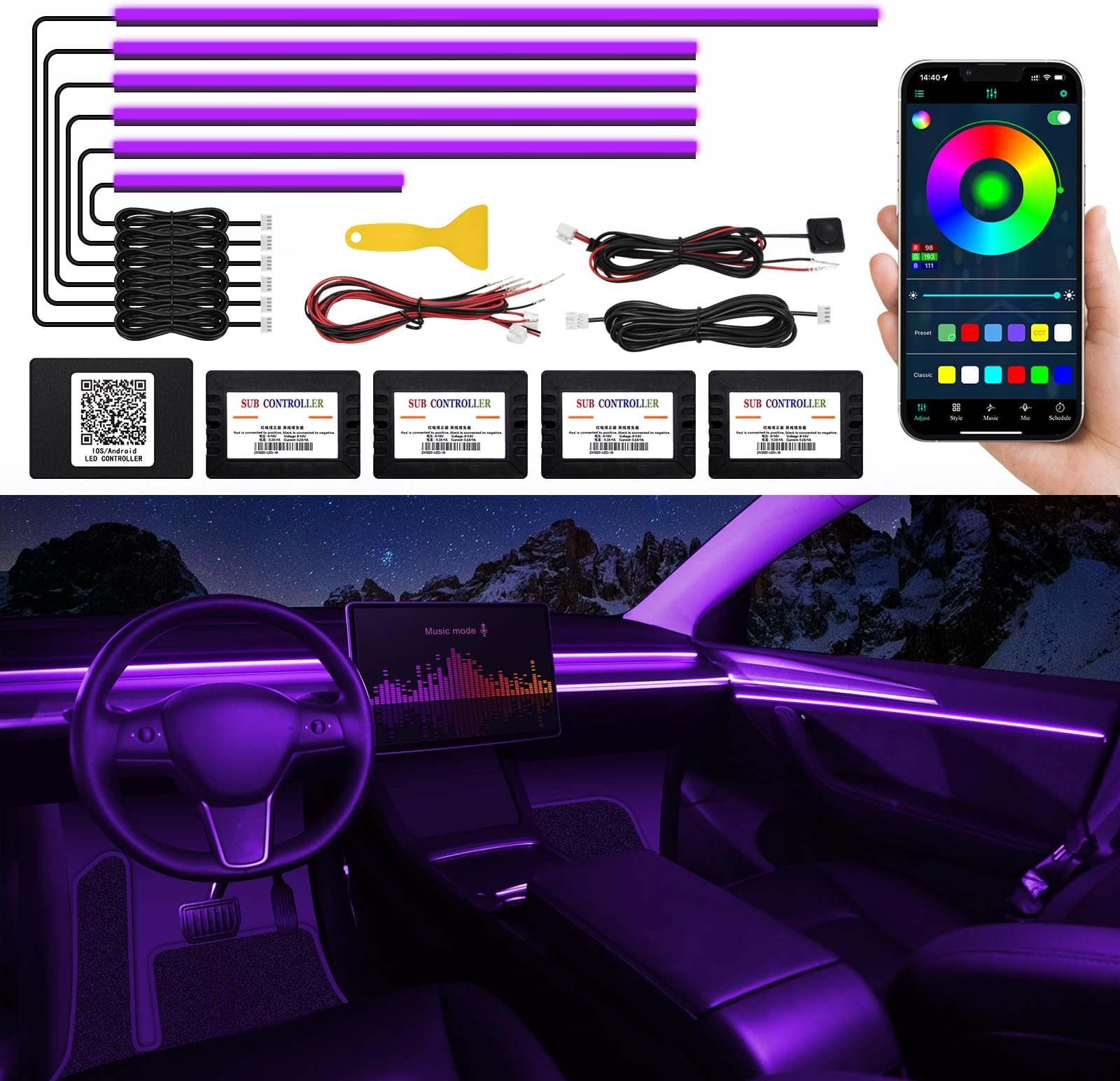 Amazon.com: Acrylic Interior Car LED Strip Light with Wireless APP, RGB ...