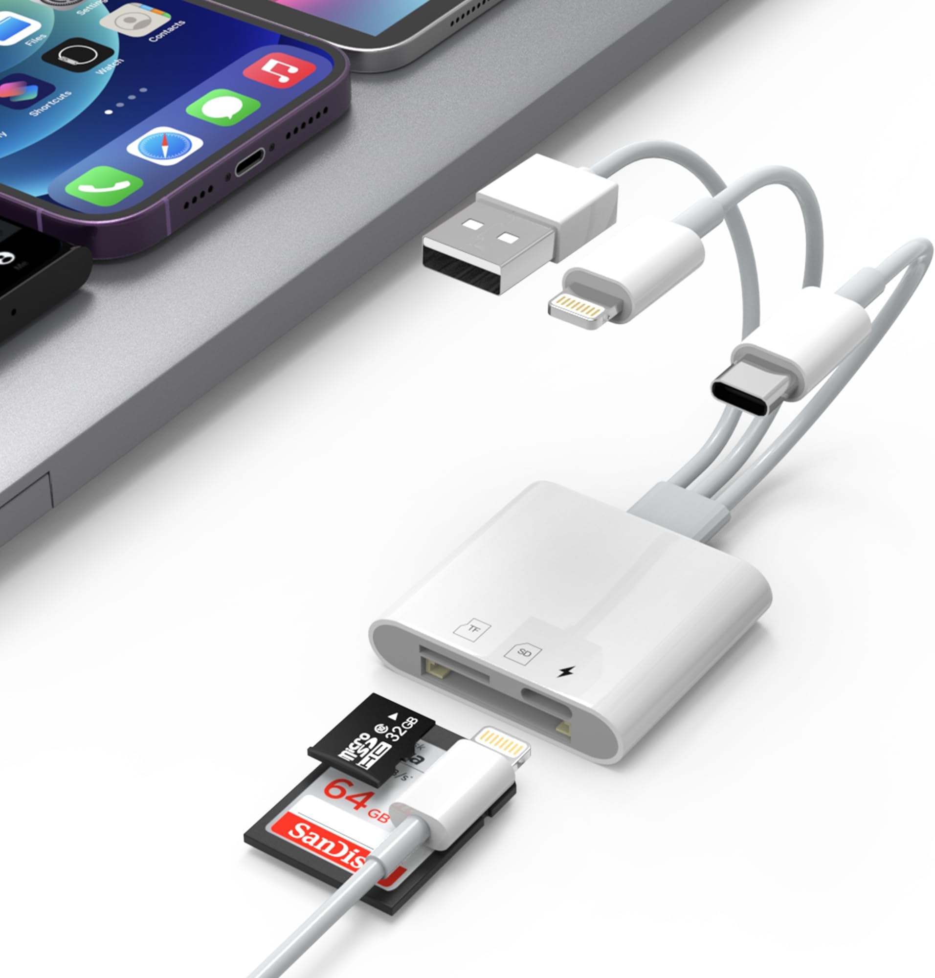 SD Card Reader Adapter for iPhone, 3-In-1 SD/TF Card Reader with USB ...