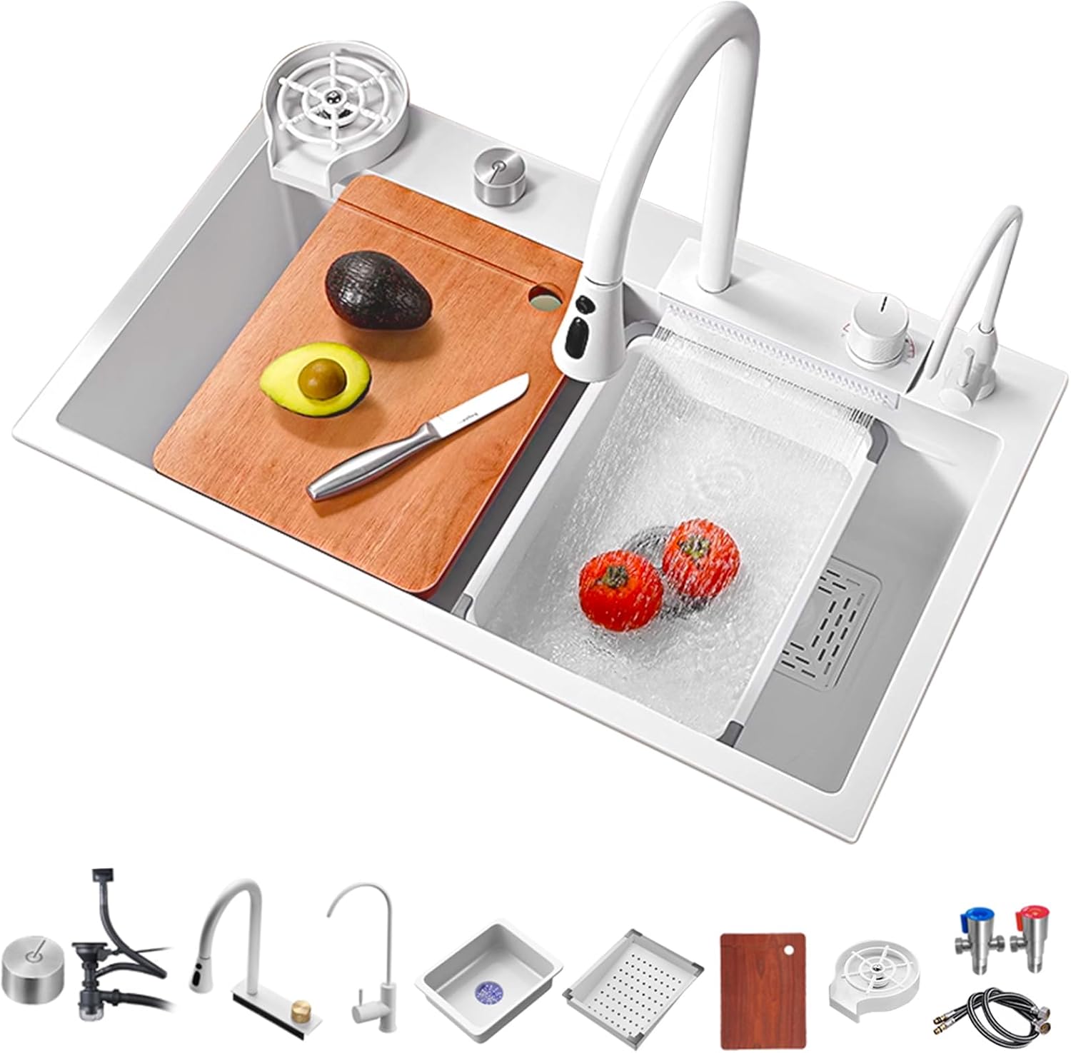 Ribanedy 68 x 45 cm Fregadero de cocina en cascada Blanco, fregadero ...