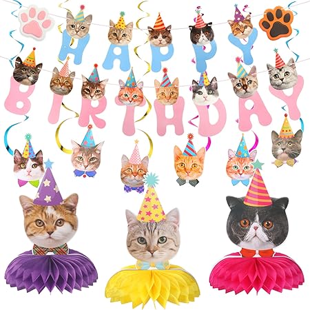 Amazon.com: Cat Birthday Banner Not Need DIY Cat Birthday Decorations ...
