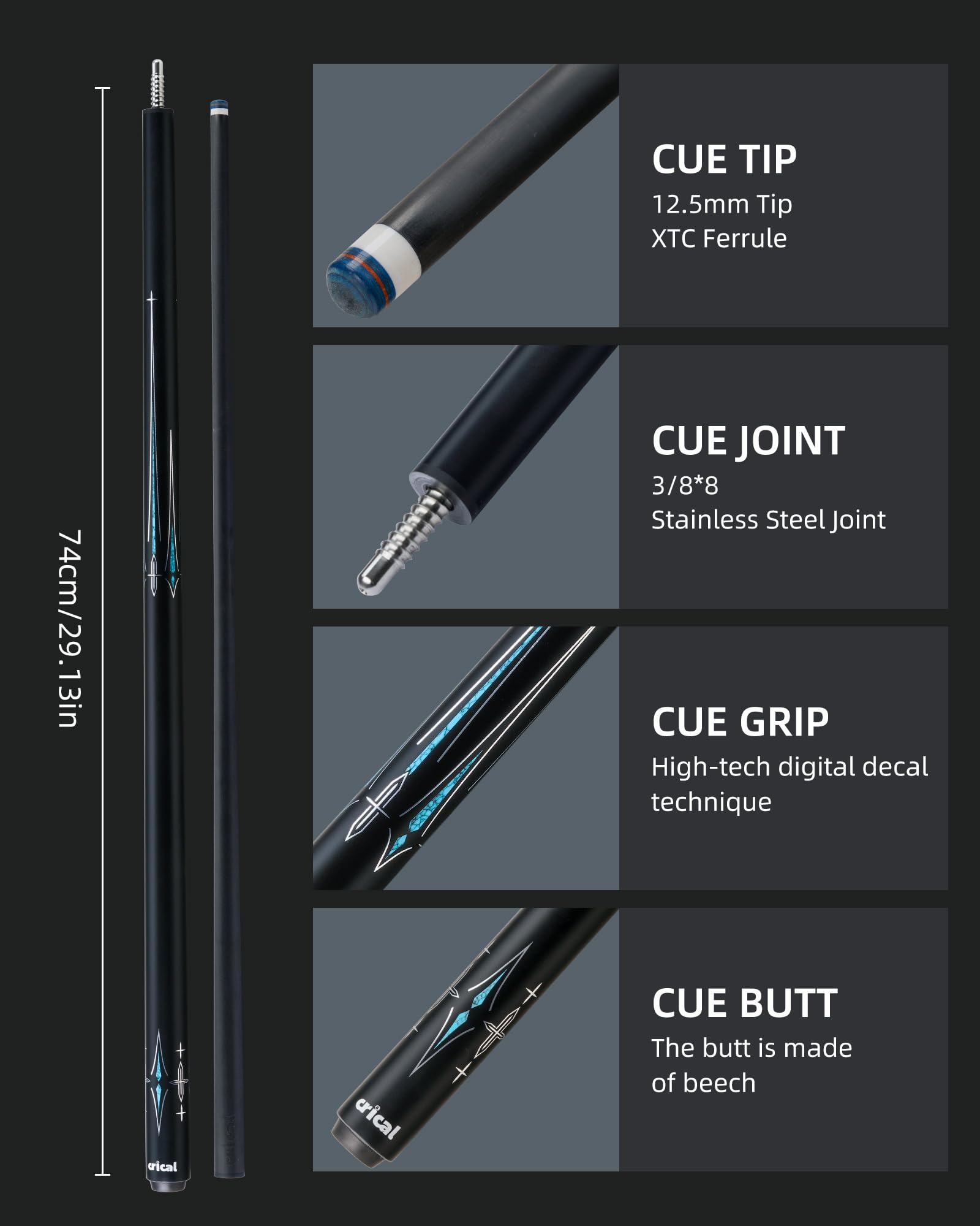 Snapklik.com : CRICAL Carbon Fiber Pool Cue Set 12.5mm Tip 58-inch ...