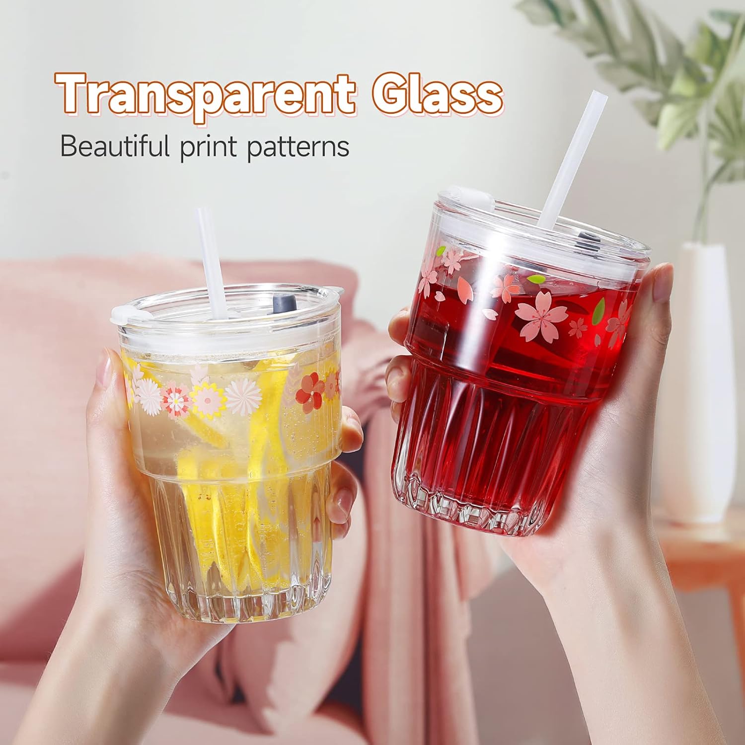2 Pack 12oz Drinking Glass Tumbler with Lids and Straws,Reusable Mason ...