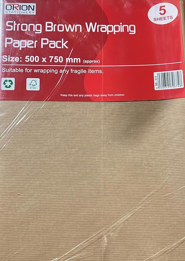 Orion Stationery 5 Sheets Strong Brown Kraft Wrapping Paper Pack - 500 ...