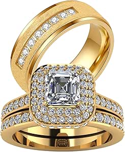 Amazon.com: ringheart Couple Rings Matching Rings Yellow Gold Plated 1.5CT AAA CZ 2pcs Women ...