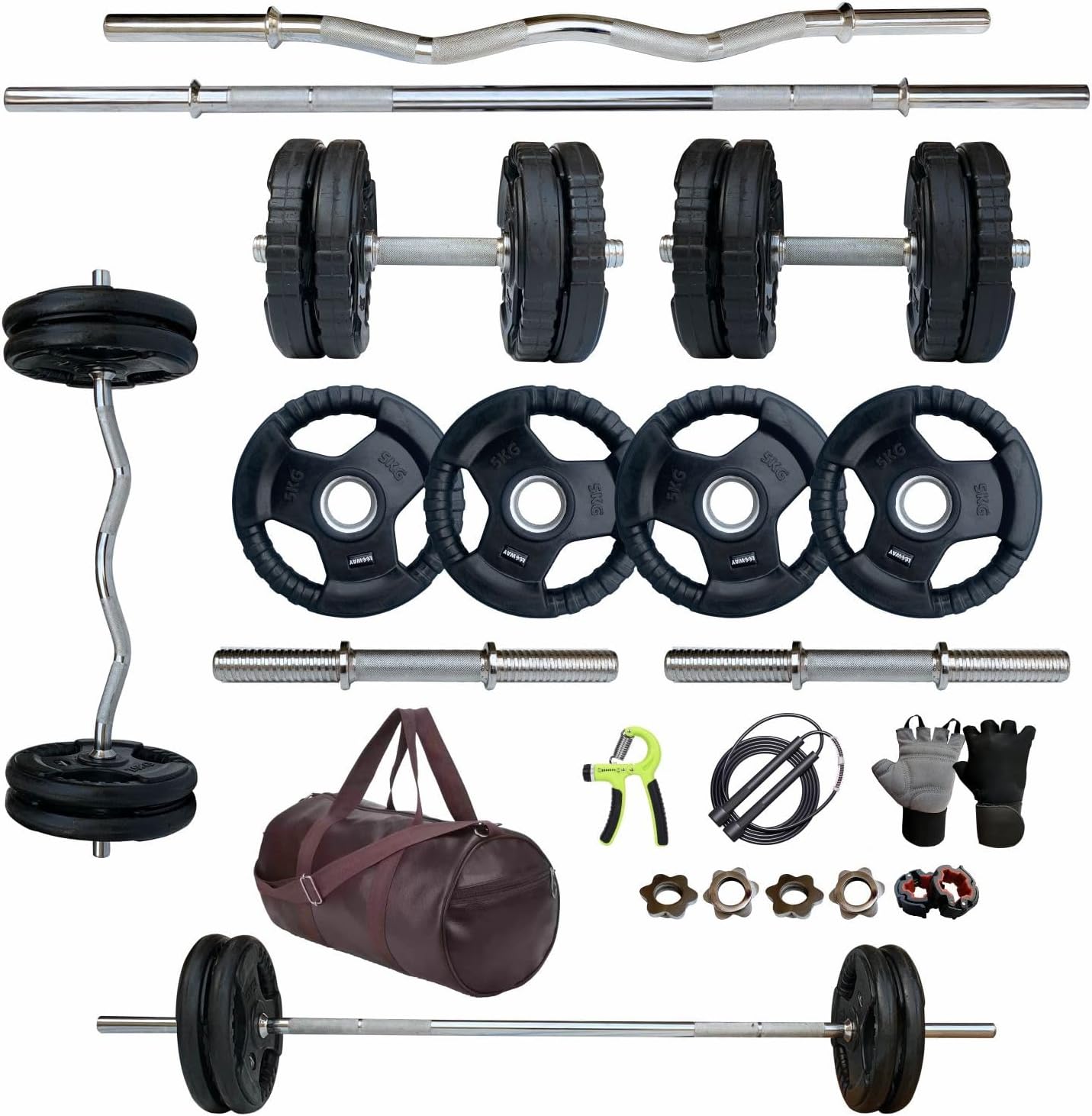 LEEWAY Rubber Coated Weight Plate 70 Kg Home Gym Set With 5Ft Plain ...