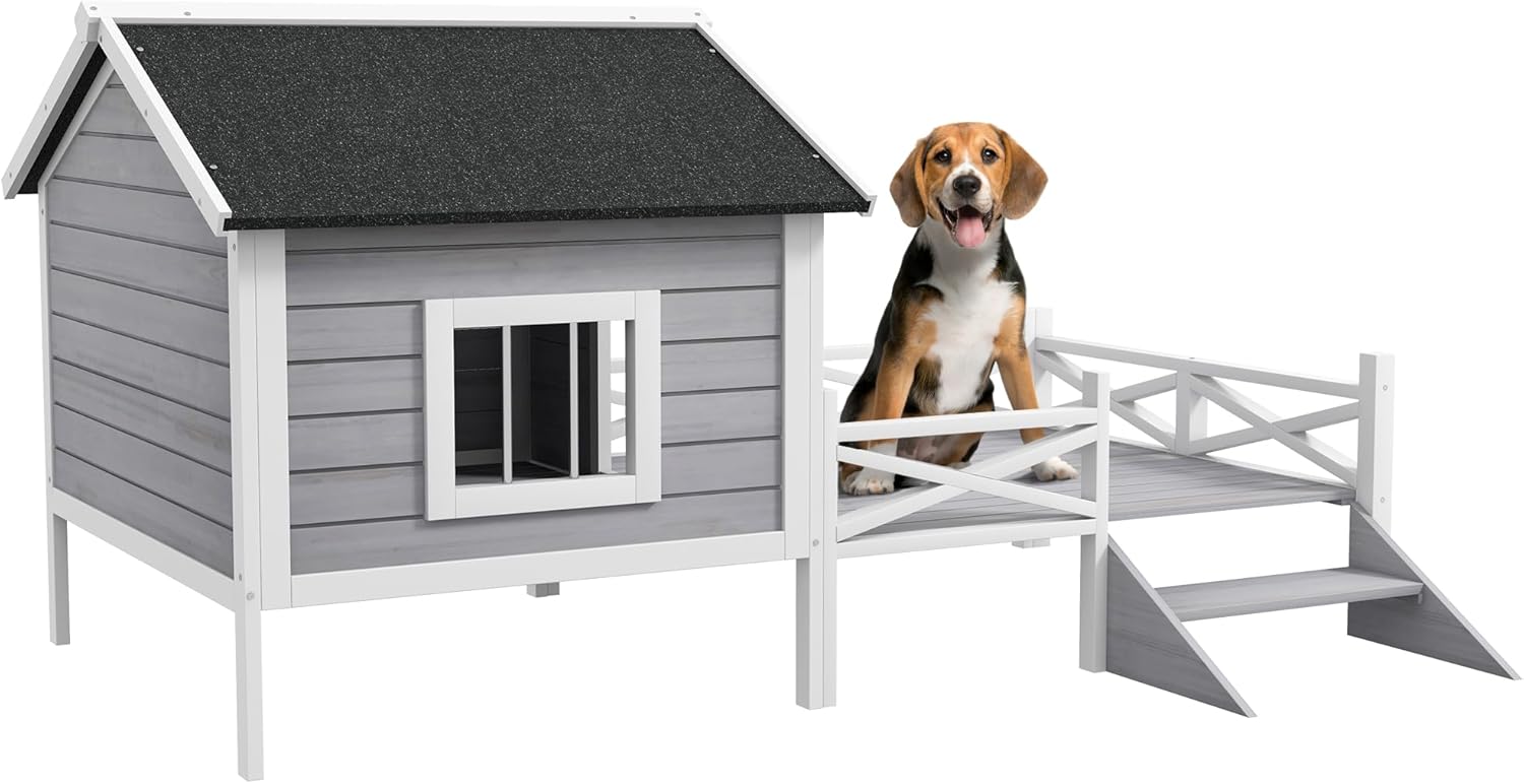 PawHut Outdoor Dog House with Porch, Wooden Dog Kennel with Water ...