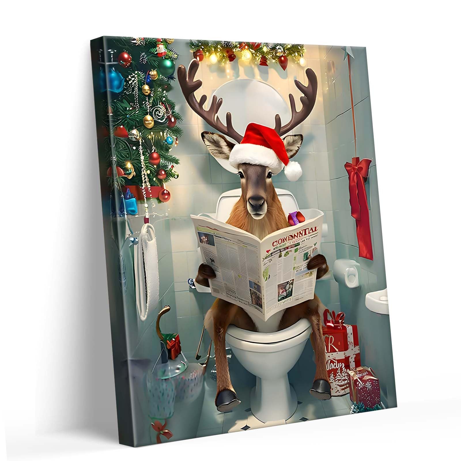 Amazon.com: Christmas Bathroom Wall Art - Funny Reindeer Reading ...