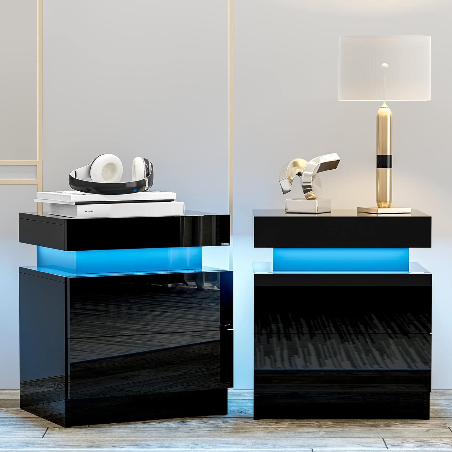 Amazon.com: IKIFLY Modern LED End Table Set of 2, Black High Glossy ...
