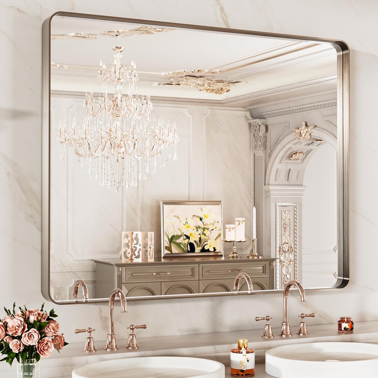 Amazon.com: LOAAO 40X24 Inch Brushed Nickel Bathroom Mirror, Rounded ...