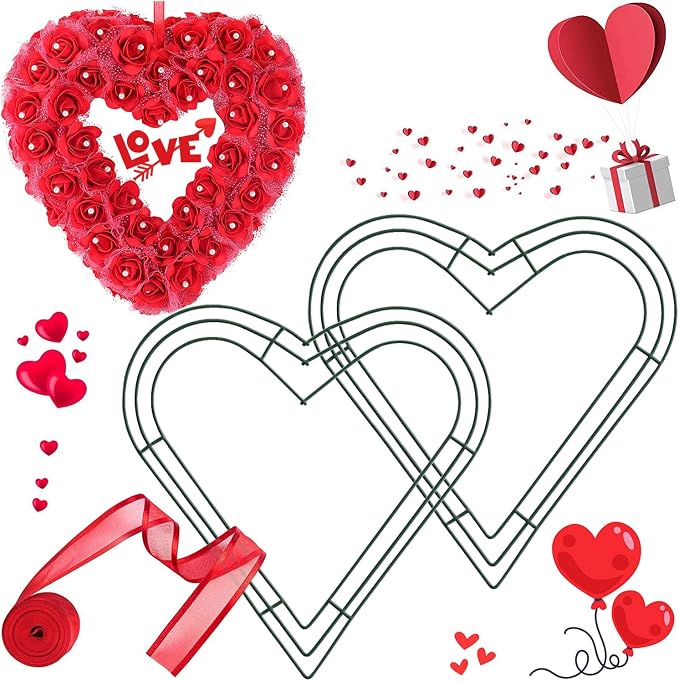 Amazon.com: 2 Pack 12 Inch Heart Wire Wreath Frame with 1 Roll Red ...