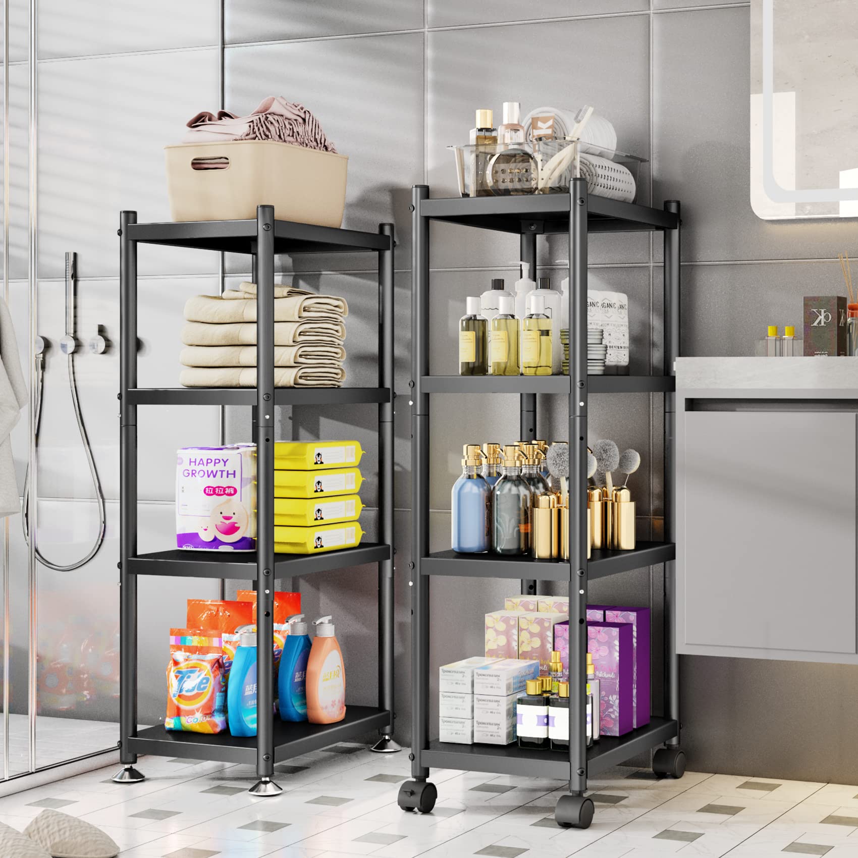 PXRACK Storage Shelves with Rolling Wheels, Adjustable 4 Tier Metal ...
