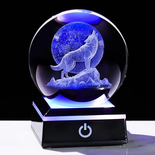 Amazon.com: Arikyrist 3D Moon Wolf Crystal Ball Figurine with Colorful ...