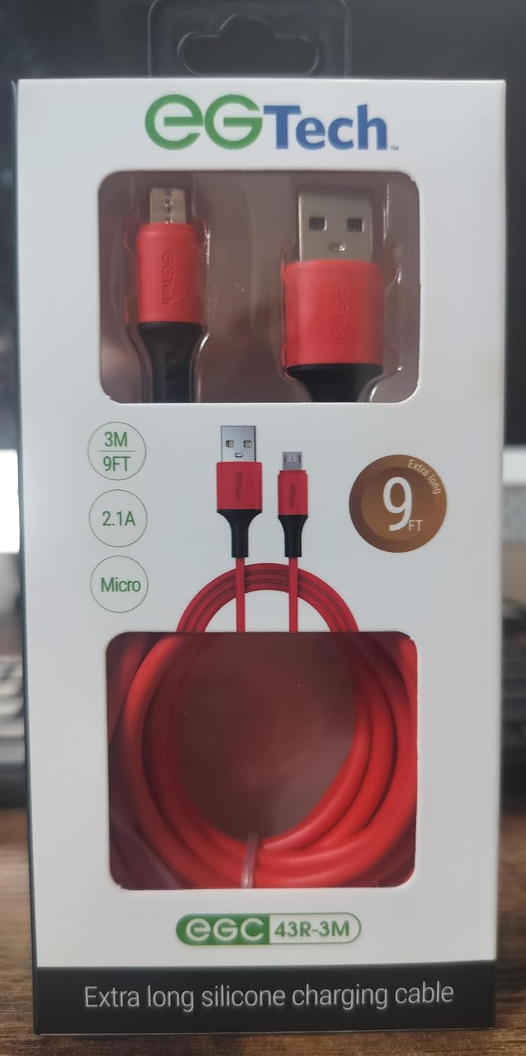 Amazon.com: EGTech Extra Long Silicone Charging Cable 9FT RED : Electronics