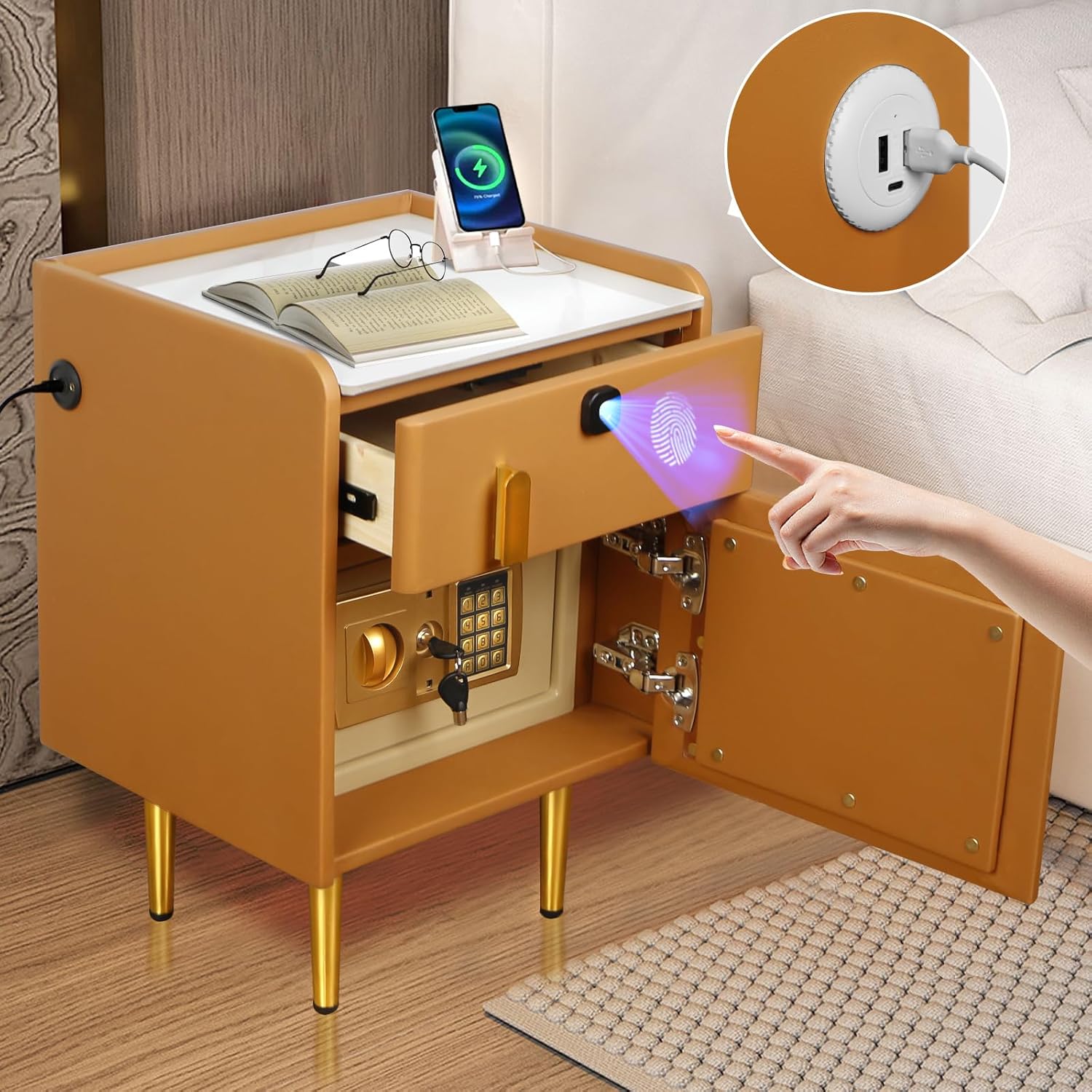 Amazon.com: Smart Nightstand with Safe and Fingerprint Lock - 15" W×14 ...