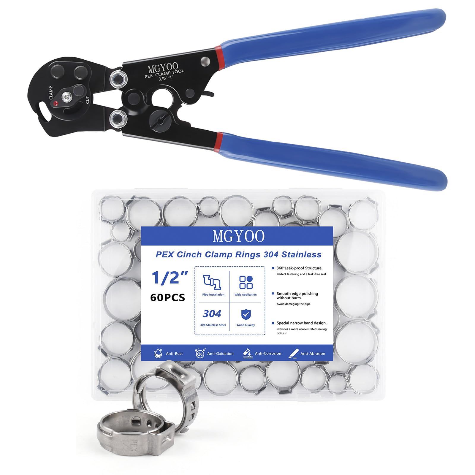 MGYOO 2 IN 1 Pex Crimping Tool with 60Pcs Stainless Steel Pex Clamps ...