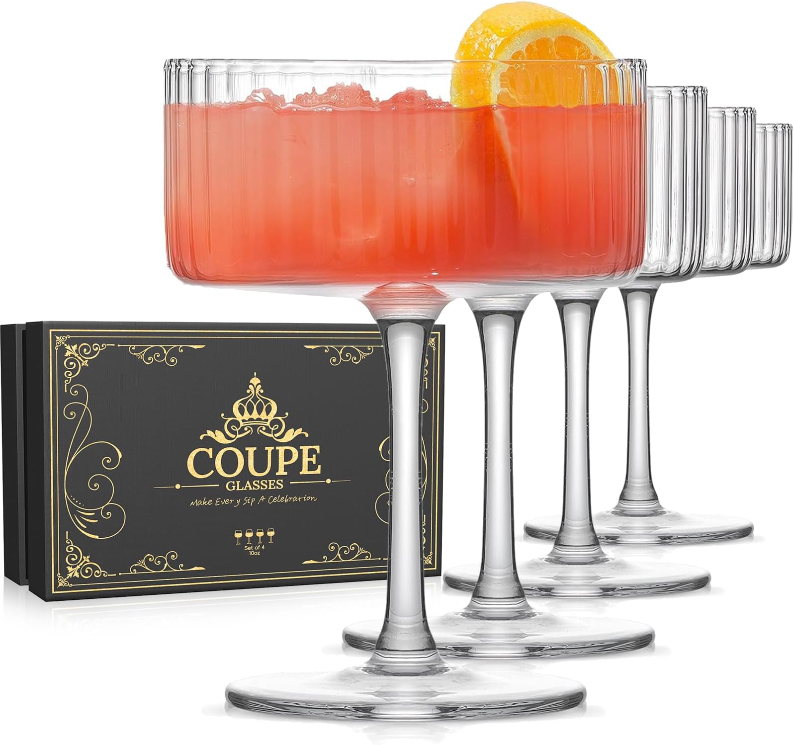 Amazon.com | Vintage Art Deco Coupe Glasses - Tall Ribbed Coupe ...