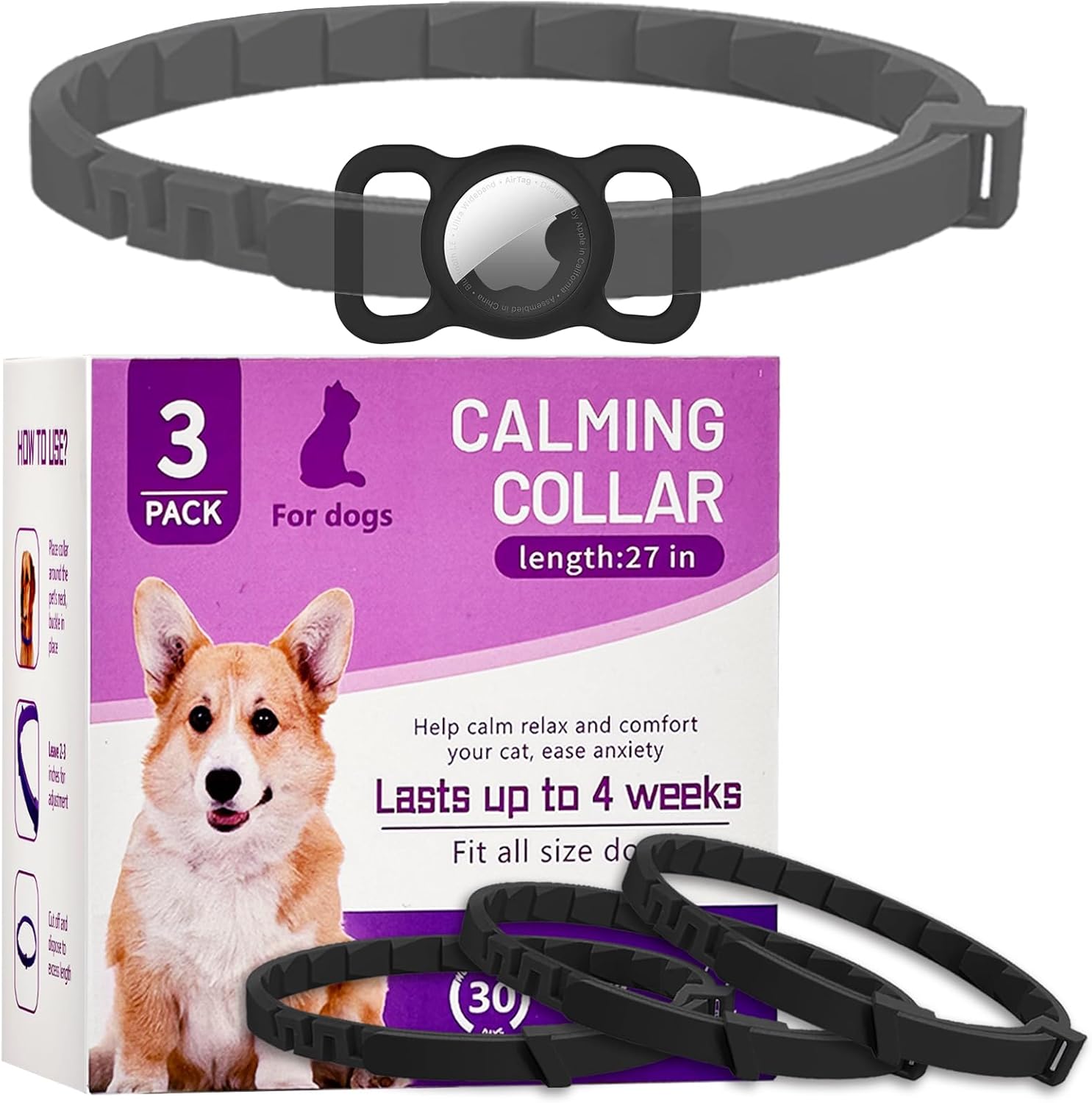 Amazon.com : 3 Pack Dog Calming Collar with 1 Pack Airtag Collar Holder ...