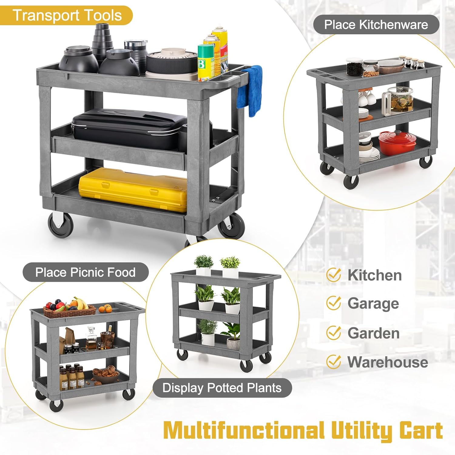 IRONMAX Utility Cart with Wheels, 3-Tier Heavy Duty Rolling Tool Cart ...