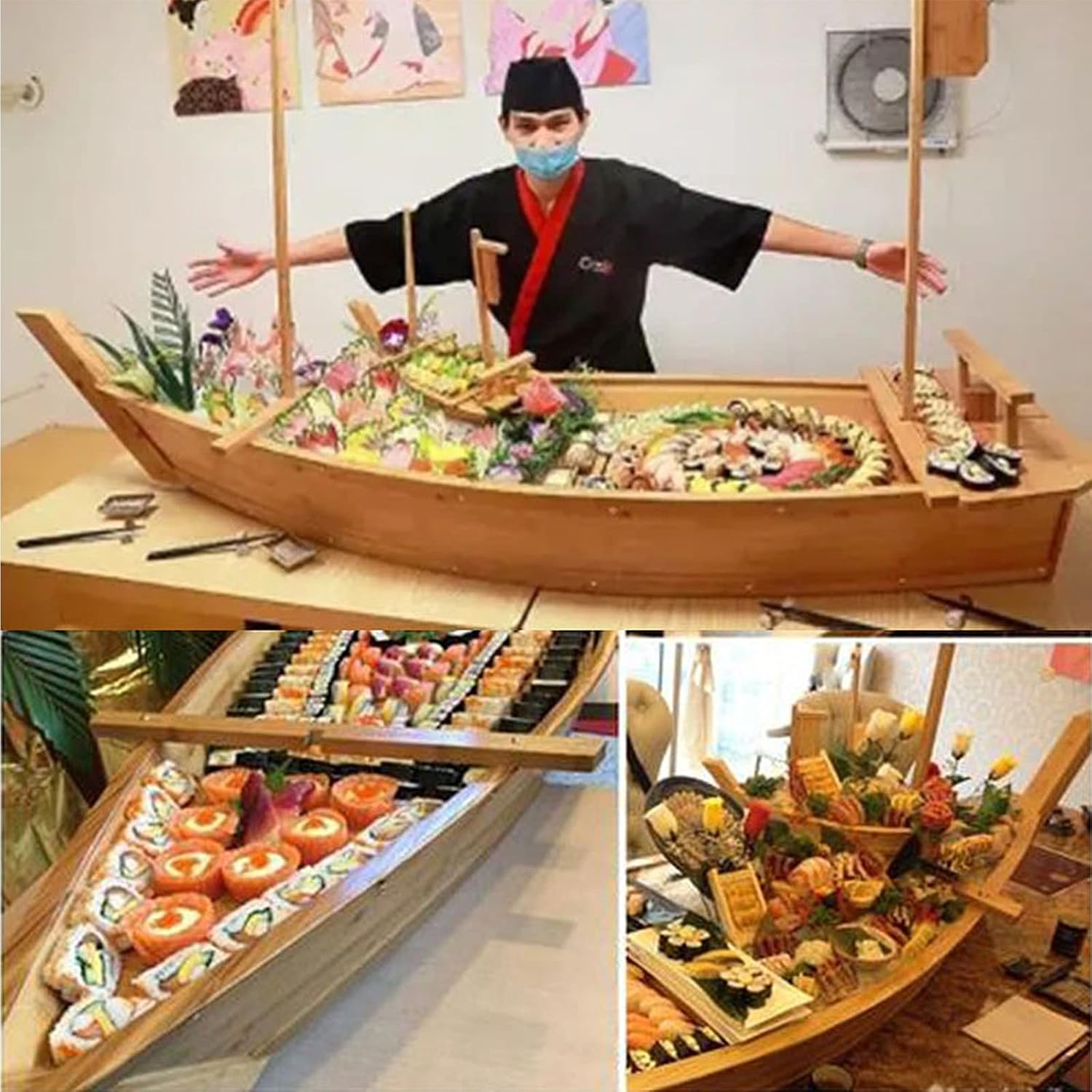 Amazon.com: Topjia Sushi Boat Shape Plate,Natural Wood Tray Sushi ...