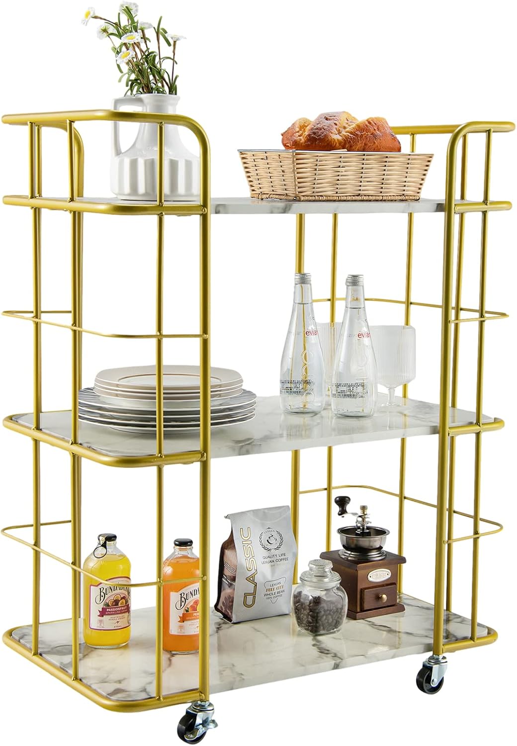 Amazon.com - COSTWAY Gold Rolling Bar Cart, 3-Tier Kitchen Utility Cart ...
